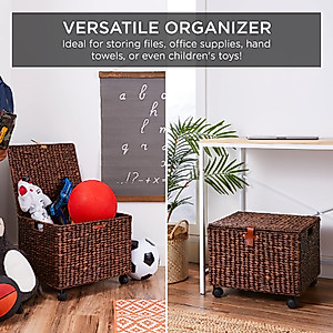Best Choice Products Water Hyacinth Rolling Filing Cabinet, Woven Mobile Storage Basket, Portable File Organizer for Legal & Letter Size Memos w/Lid, 4 Locking Wheels - Brown