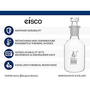 EISCO Reagent Bottle, 2000ml, 34/35 Interchangeable Hexagonal Hollow Stopper - Narrow Mouth - Borosilicate Glass Labs