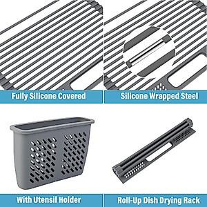 ATTSIL Roll-Up Dish Drying Rack, Multifunctional Rollable Over Sink Dish Rack with Utensil Holder, Foldable Silicone Wrapped Steel Drain Rack for Kitchen Sink Counter, 16.85"(L) x 12"(W)