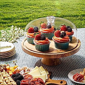 Cake Stand with Acrylic Dome Lid 2-in-1 Multifunctional Round Shatterproof Dessert Table Display Set with Acacia Wood Serving Platter, Veggie Tray, Fruit Bowl, Donut Stand, Nachos Plate by Homesphere