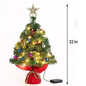 Sunnyglade 22Inch Tabletop Christmas Tree Mini Artificial Christmas Tree with 30 LED Lights & 24 Pcs Christmas Ball for Table Top Desk Classic Series Holiday Decoration (Green)