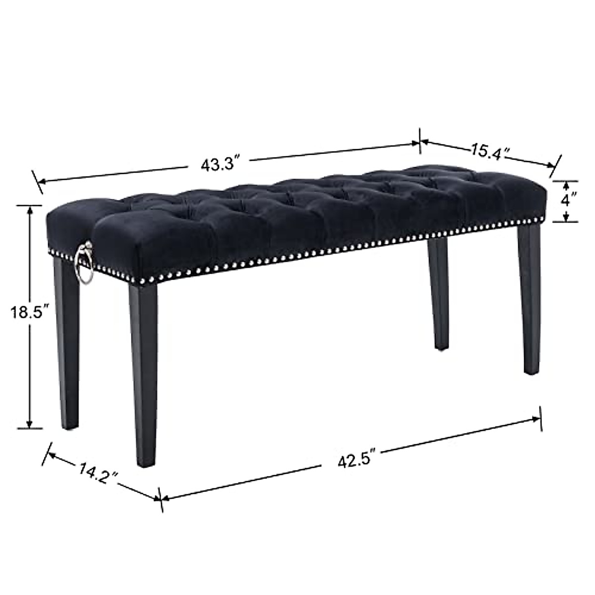 DUOMAY Tufted Ottoman Bench w/Ring Pull, Velvet Dining Bench Entryway Bench Footrest Stool Padded Seat for Living Room Bedroom, Black