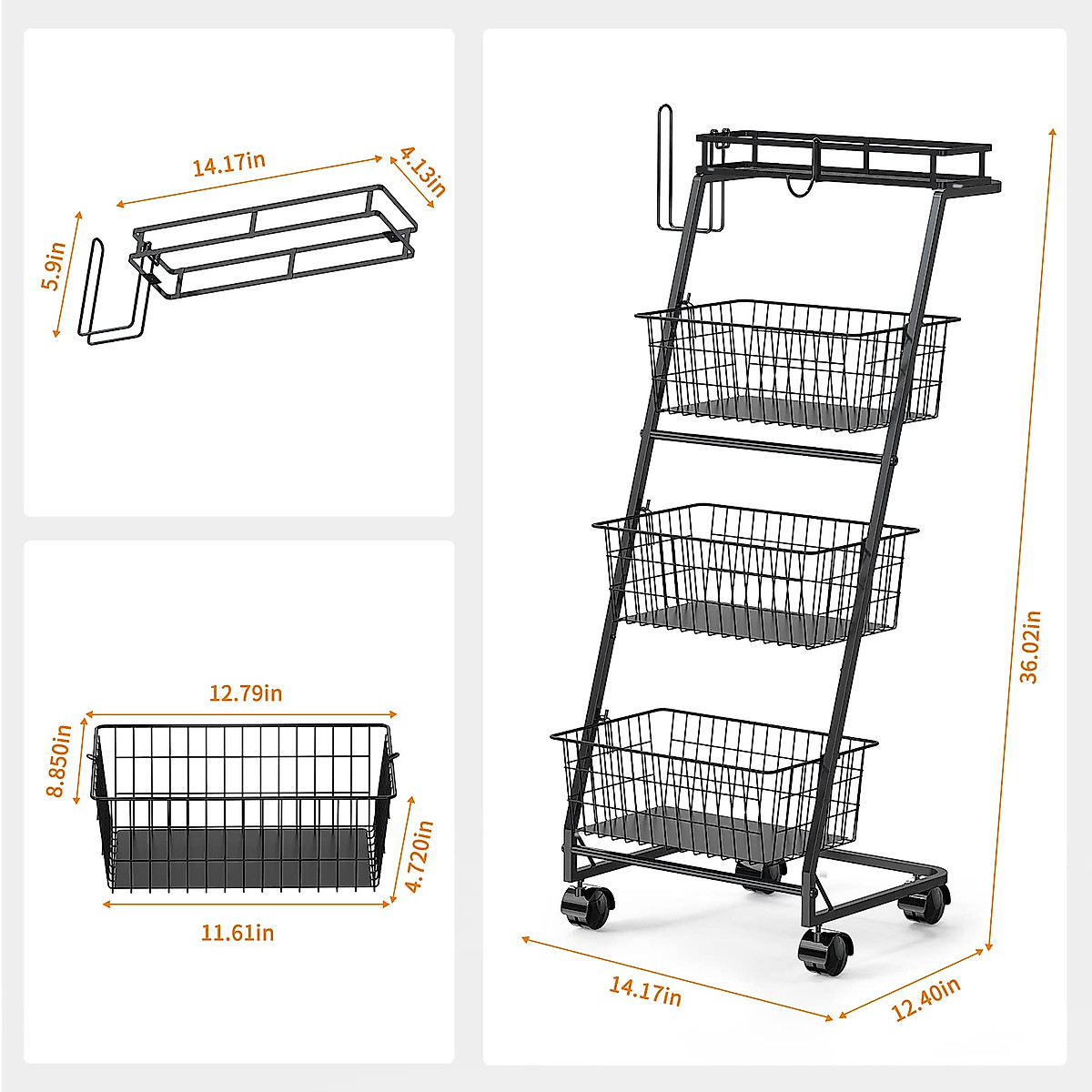 Auledio 4-Tier Fruit Vegetables Basket Bowl Rolling Storage Cart With Banana Hanger Paper Towels Holder , Black