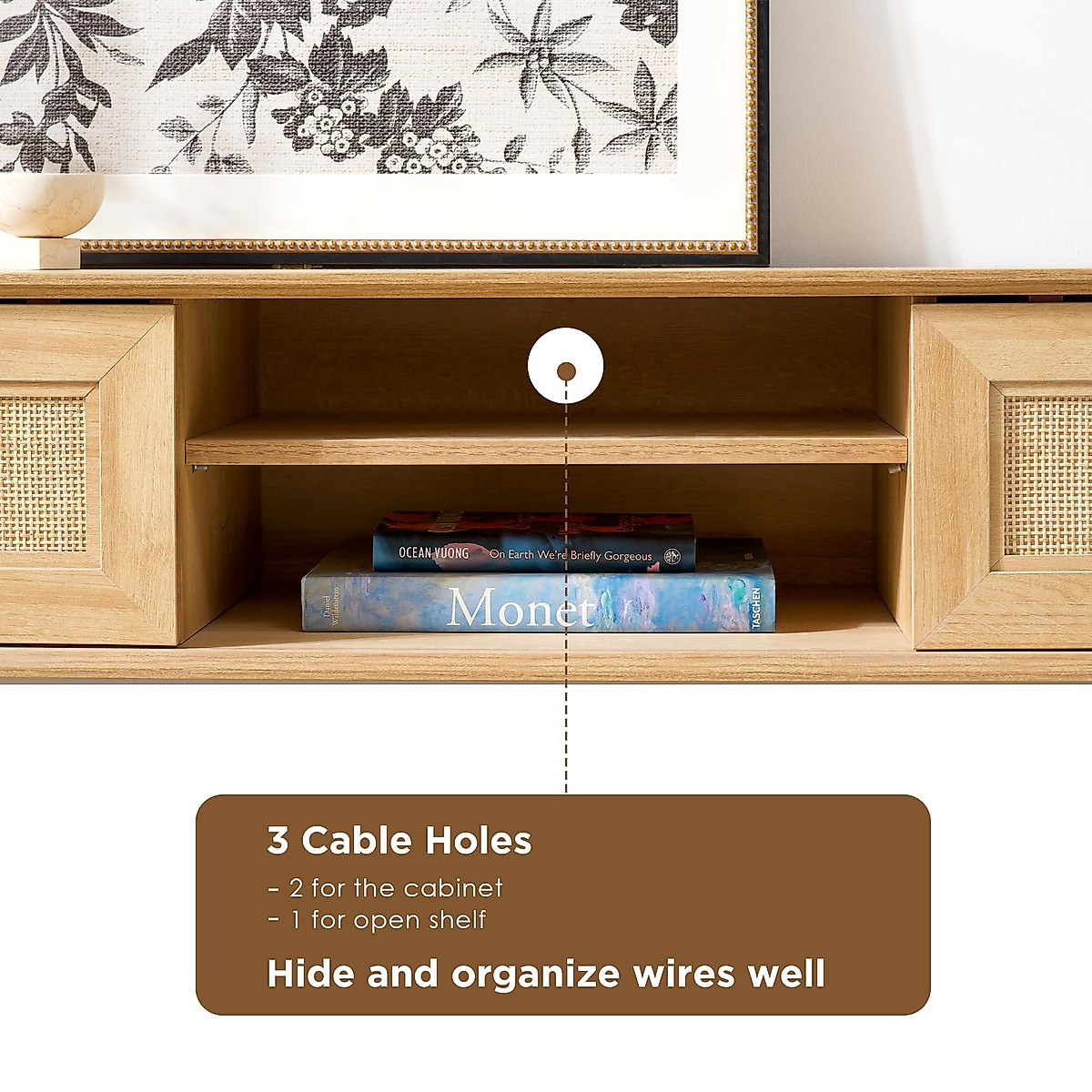 HMeeZnn Rattan TV Stand for 55 Inch TV, Mid Century Modern Entertainment Center with Storage Boho TV Console Table with 2 Cabinets for Living Room Bedroom, Natural Wood