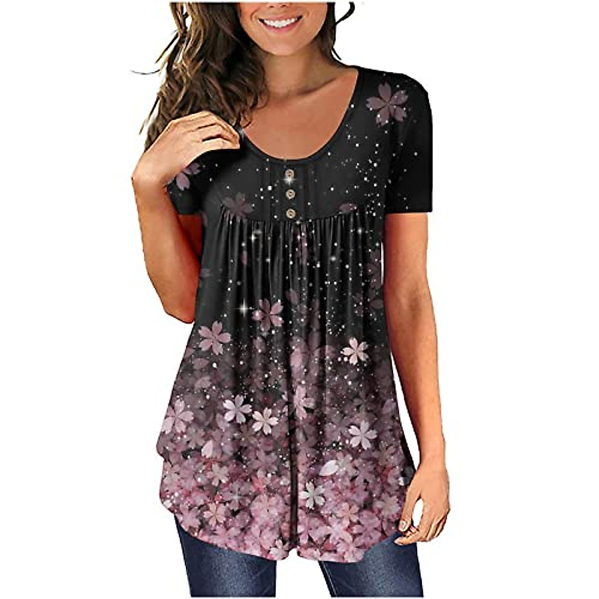 Womens Tops Hide Belly Tunic 2022 Summer Short Sleeve T Shirts Cute Flowy Henley Tshirt Casual Dressy Blouses for Leggings…