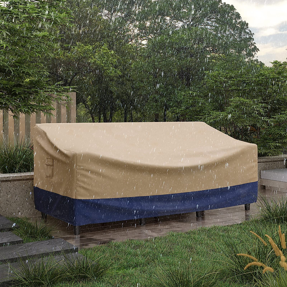 Tangkula Patio Sofa Cover, 3-Seater Waterproof Outdoor Deep Sofa Cover with Padded Handle & Click-Close Straps, Patio Furniture Cover with Air Vent, Heavy Duty PU Couch Cover, 77”W x 43”D x 30”H