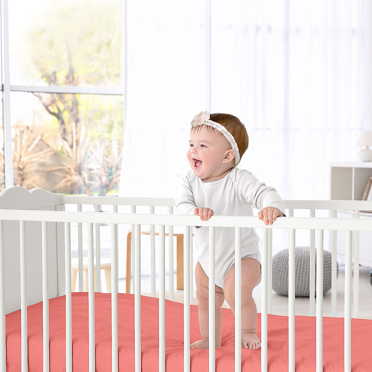 Fitted Crib Sheet for White and Coral Diamond Baby/Toddler Bedding - Solid Coral