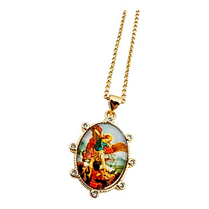 LESLIE BOULES St Michael The Archangel Pendant Necklace 18K Gold Plated Chain 18 Inches Length