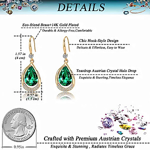 Austrian Crystal Halo Teardrop Hollow Drop Dangle Earrings for Women 14K Rose Gold Plated Hypoallergenic Jewelry (Emerald)