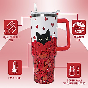 Nqhsionv Valentines Cat Tumbler with Handle 40 oz Cute Black Cat Love Hearts Coffee Travel Mug Stainless Steel Insulated Cup Valentines Anniversary Wedding Birthday Gifts for Women Cat Lover