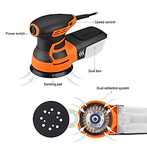 5-inch 3.0A Random Orbit Sander with 12Pcs Sandpapers, 6 Variable Speed 6000-13000RPM and High-Performance Dust Collection System for Woodworking