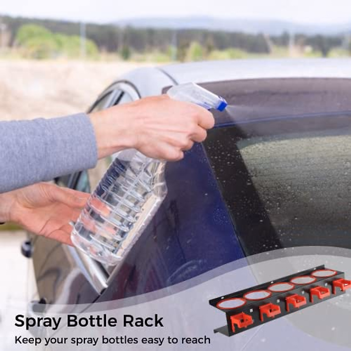 COSYOO Spray Bottle Rack - Spray Bottle Wall Rack, Auto Cleaning Detailing Tools, Can Holder Storage Rack Organizer Wall Mounted Aerosol Bottle Organizer with 5 Holes and 5 Hanging Hooks