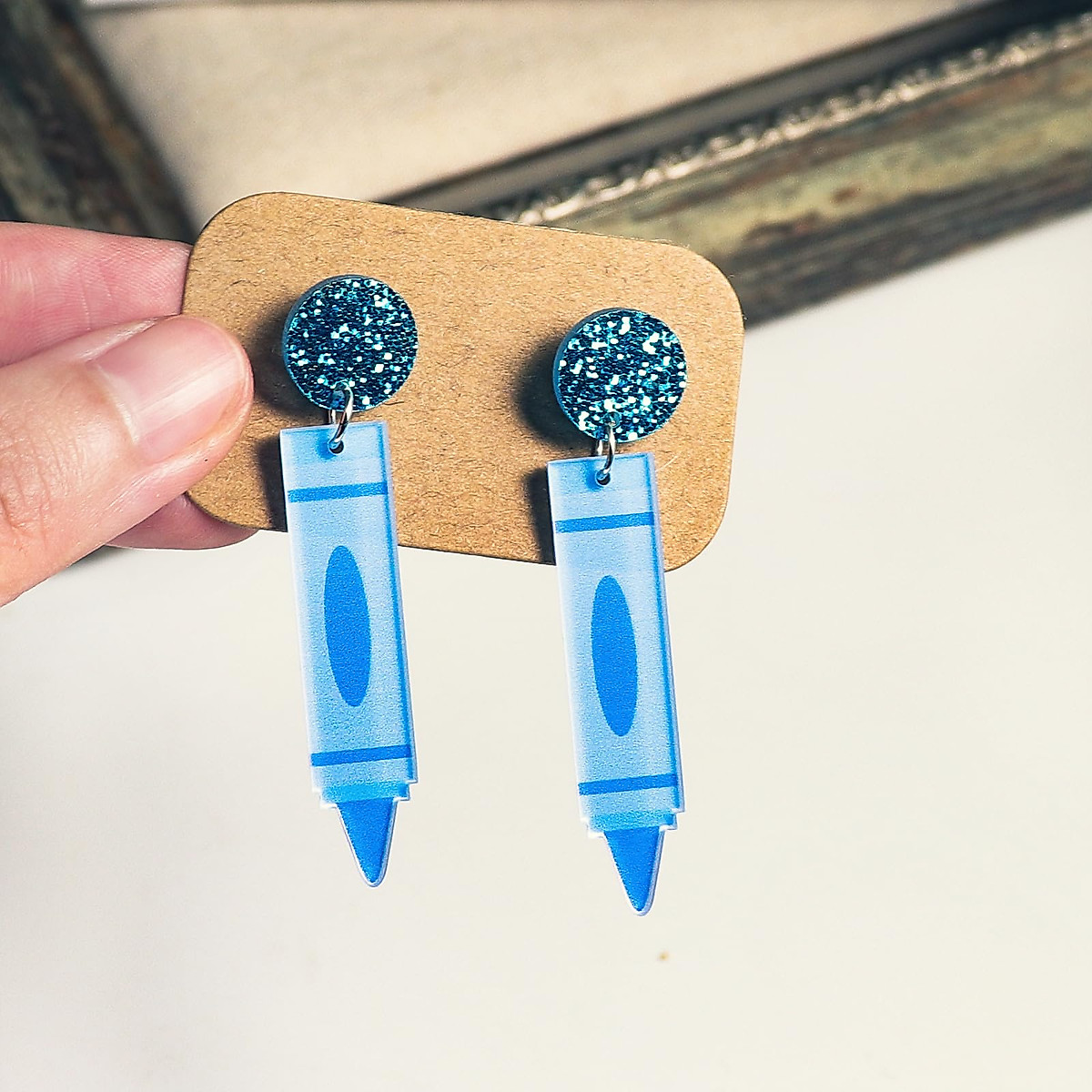 Cute Crayon Teachers Earrings for Women Funny Pencil Book Acrylic Wooden Drop Dangle Earrings Set for Teachers Appreciation Day Back to School Creative Jewelry Gifts -Blue