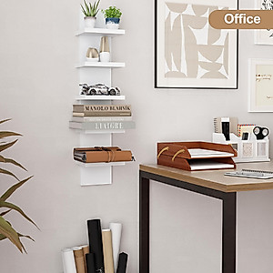 5 Tier Wall Shelf Unit, Decorative Wall Mount Vertical Shelving, Floating Storage Home Decor Organizer Tall Tower Design Utility Shelving Bedroom Living Room, Morden White