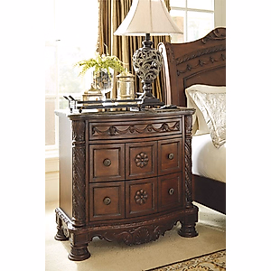 Signature Design by Ashley North Shore Ornate 3 Drawer Nightstand with Marble Inlay Top, Dark Brown