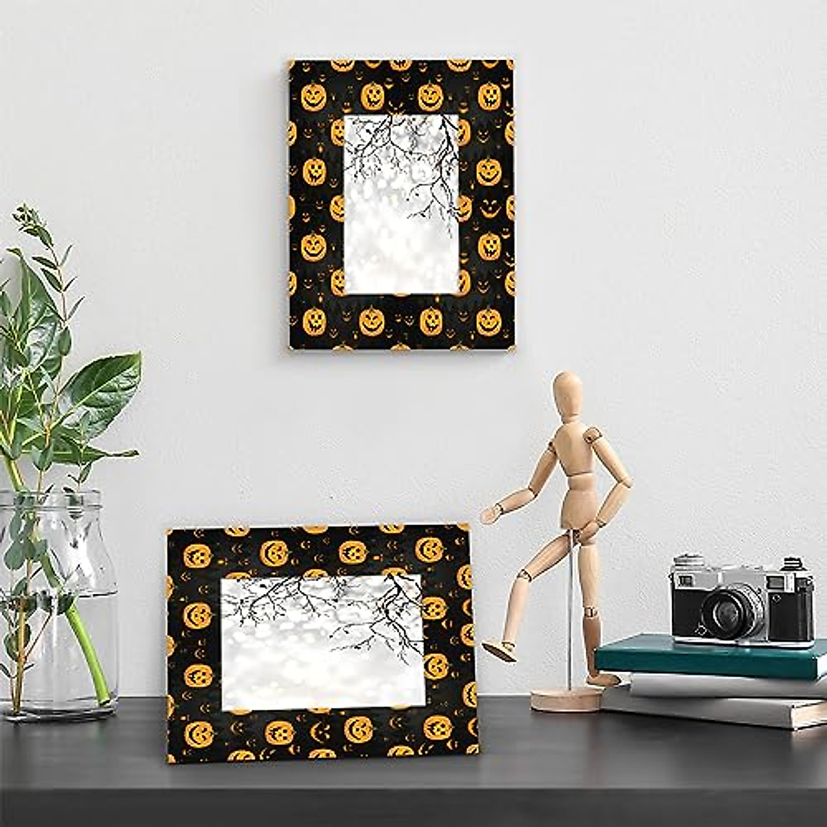 POFATO Pumpkin Bat Halloween 4x6 Picture Frame Wood Photo Frame for Tabletop Display Wall Mount Picture Frame Display 4x 6 Inch Photo Wall Decor Home Gift Frames