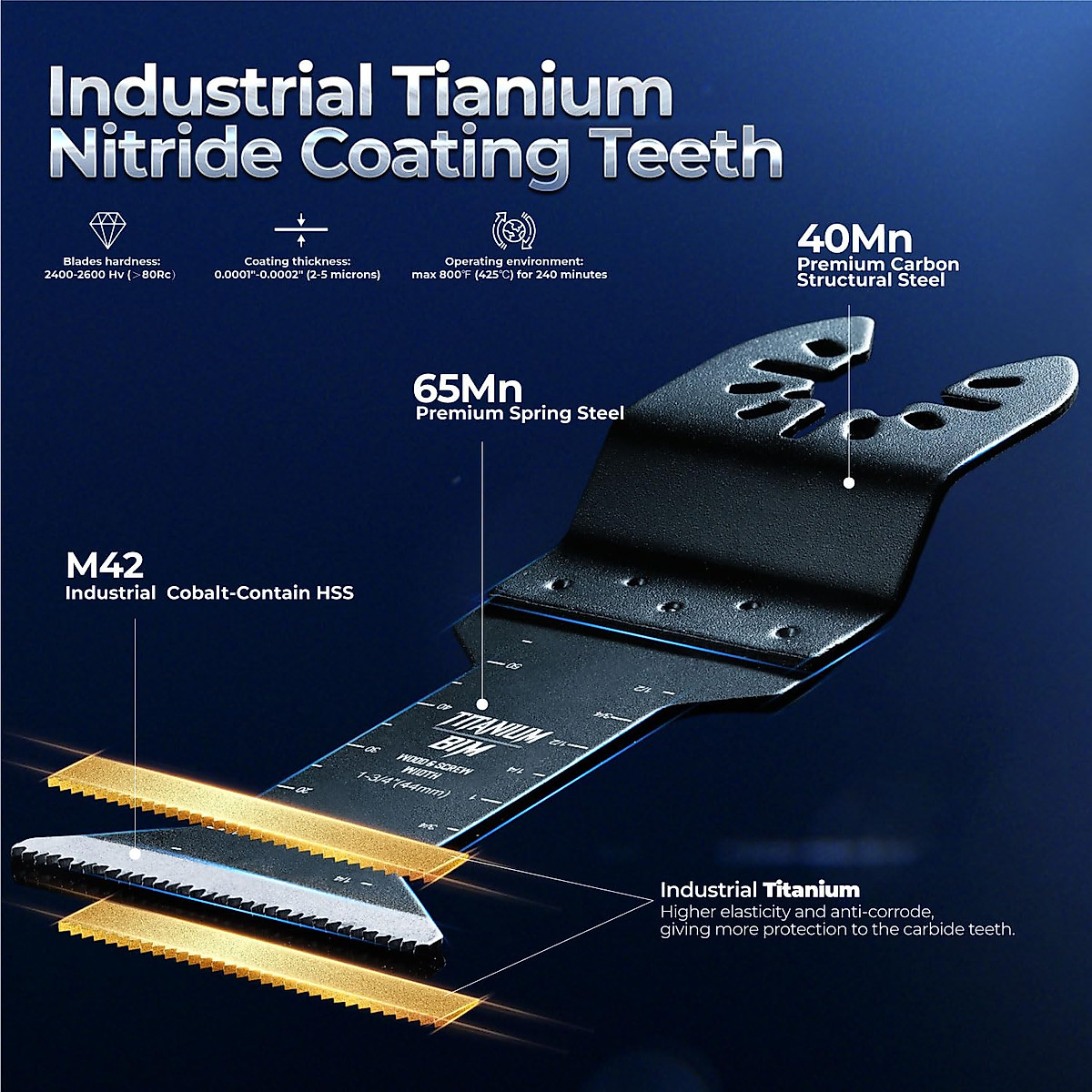 toolant Titanium Oscillating Saw Blades, 12pcs Multitool Blades Kit for Cutting Hard Material, Metal Nails, Wood, Plastic, Etc. Extra Long and Widen Blades for Fast Cutting, with Storage Case