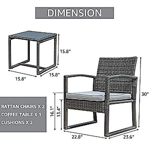 Patiorama 3 Pieces Outdoor Patio Furniture Set, Outdoor Wicker Conversation Set, Patio Rattan Chair Set, Modern Bistro Set with Coffee Table, Garden Balcony Backyard Poolside (Light Gray)