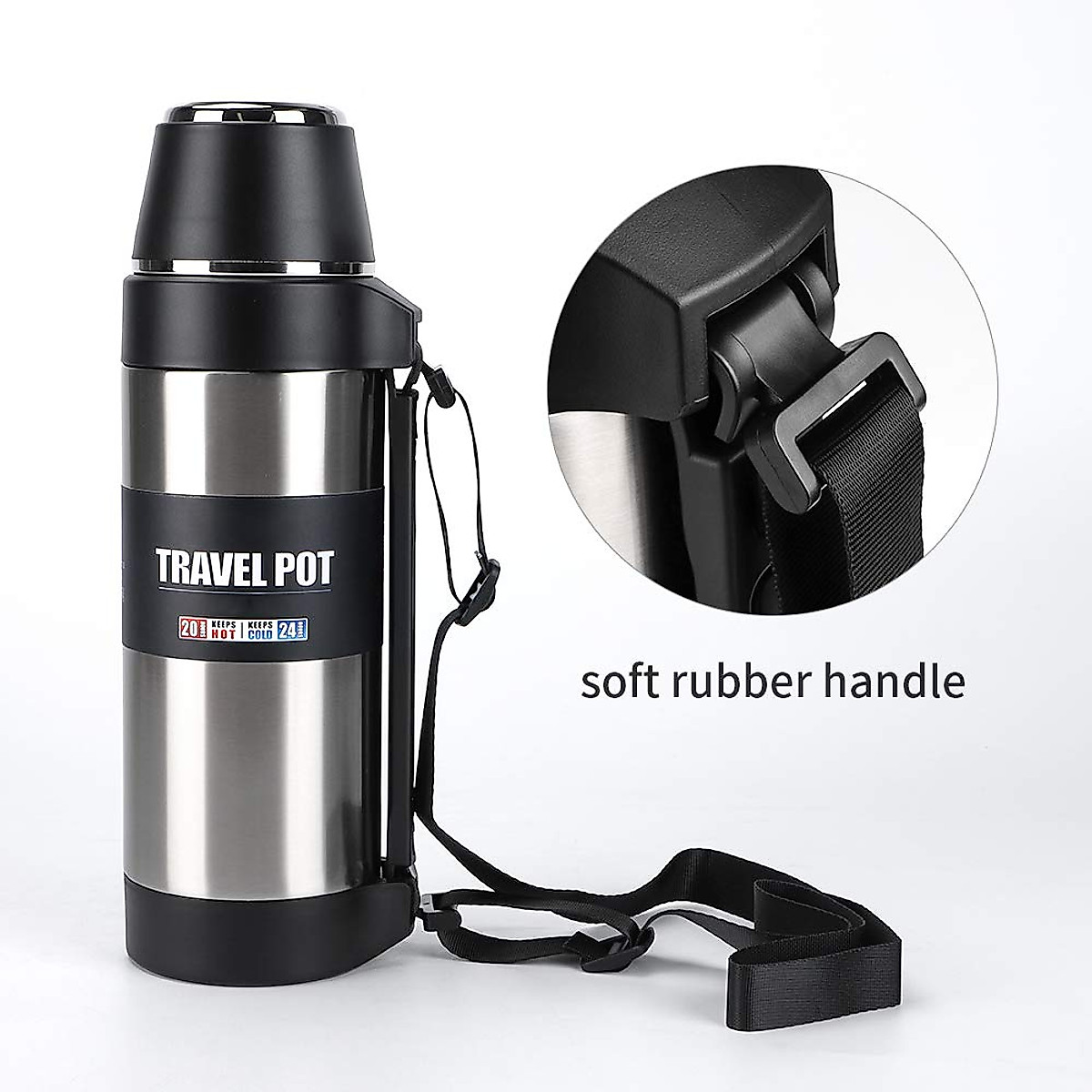 MUCR Stainless Steel Thermoses with Cup – 53 oz Double-Wall Vacuum Insulated Water Bottle for Travel – Large Coffee Thermoses with Handle – Keeps Liquid Hot or Cold, Leak Resistant,Silver