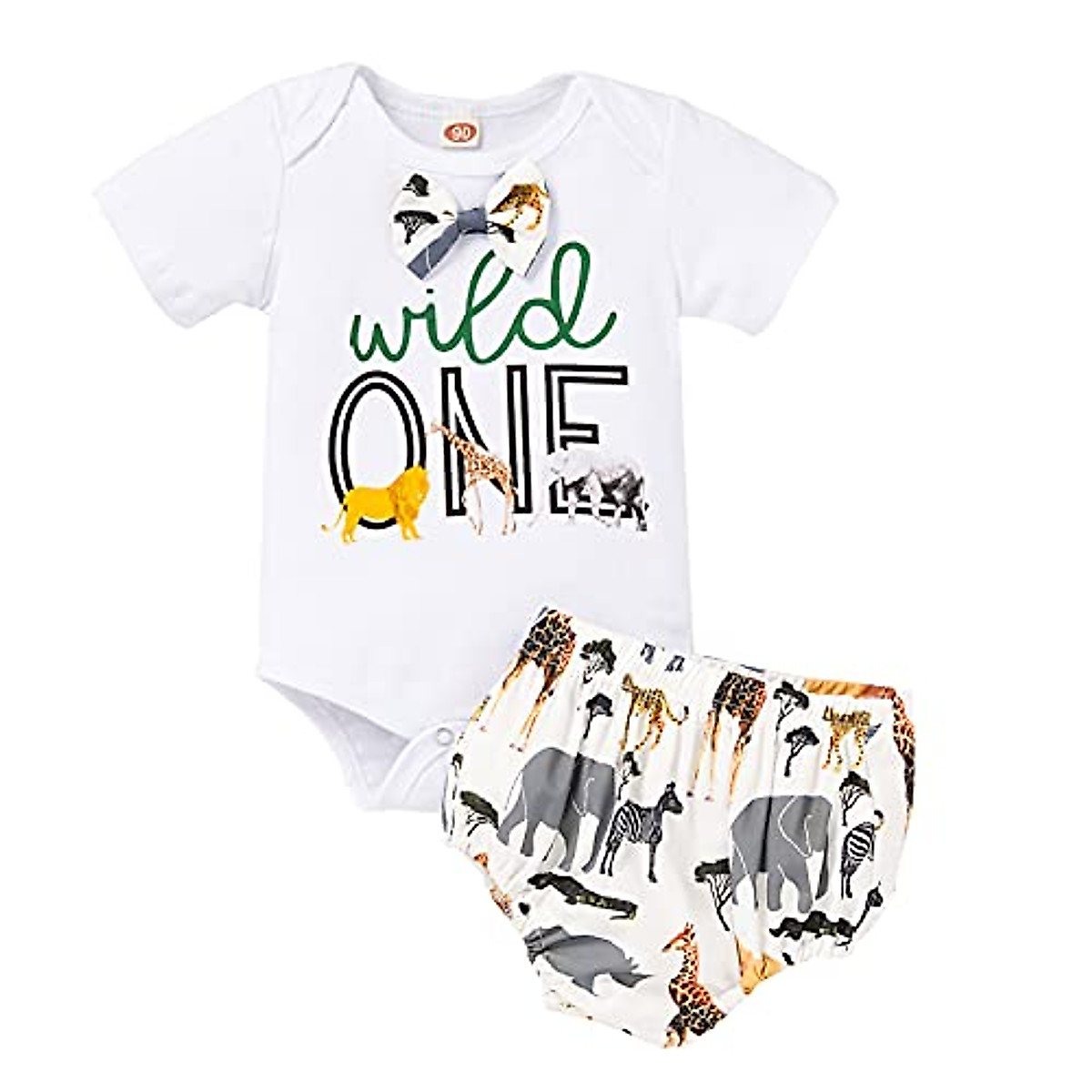 GRNSHTS Baby Kids 1st Birthday Shorts Set Infant Boy Girl Wild One Animal Romper Bodysuit Cake Smash Party Clothes(White,12-15M)