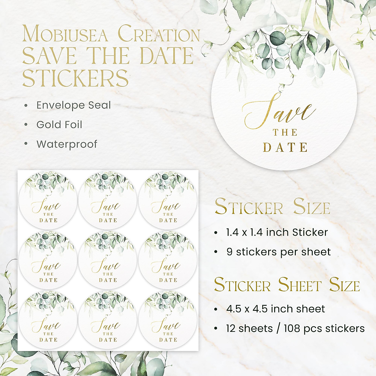 Mobiusea Creation Greenery Save The Date Stickers for Envelopes | 1.4 inch | Gold Foil | 108pcs Waterproof Invitation Stickers for Wedding, Bridal Shower, Birthday, Baby Shower