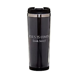 Travel Coffee Tumbler Double Wall Insulation and Lockable Lid, Jesus Is Coming Look Busy Hot Beverage Cup, Funny Drinking Cups Religious Gift Idea, 7.75 Inches