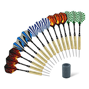 Wolftop 15 Pack Steel Tip Darts 18 Grams, Professional Darts Metal Tip Set with Aluminum Shafts, Standard Flights, Rubber O'Rings and Extra Dart Sharpener