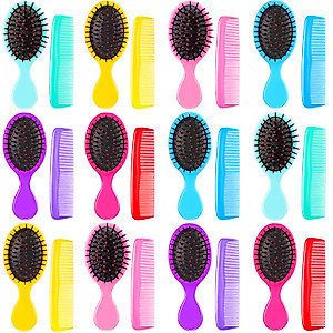 Nuogo 24 Pieces Mini Wet Hair Brush Hair Combs Set Include 12 Detangler Travel Hair Brush Detangling Soft Mini Brush 12 Small Plastic Toddler Comb for Baby Kids Women Wet Dry Curly Hair (Bright Color)