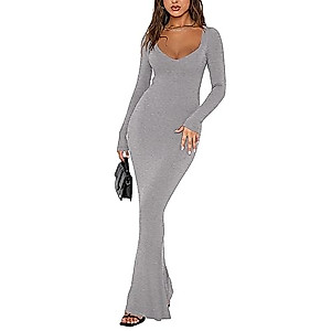 REORIA Women's Sexy Casual V Neck Long Sleeve Lounge Long Dress Elegant Fall Wedding Guest Tight Ribbed Bodycon Maxi Dresses Light Grey Small