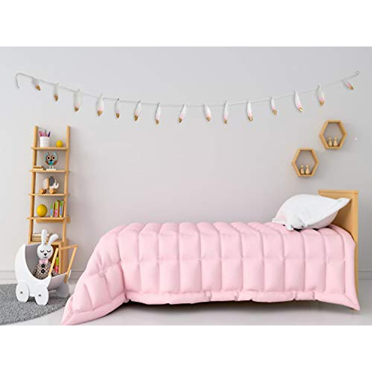 Feather Garland Decorations 10 Foot on a String Banner, Blush Pink and Gold Dipped Glitter Tipped White, Tribal Nursery, Girls Dorm Room, Boho Chic