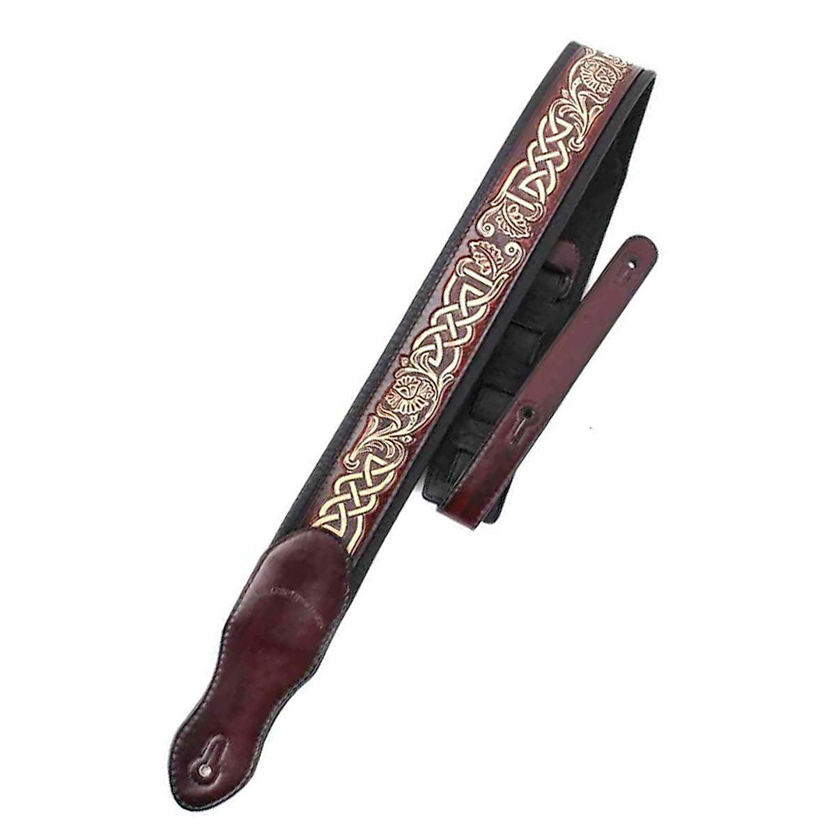 Walker & Williams KB-05-BRN Dark Walnut Full Grain Center Block Carving Leather Padded Guitar Strap With Aged White Celtic Chain