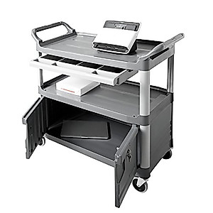 Rubbermaid Commercial Xtra Instrument and Rolling Utility Cart, Gray, with Drawer and Cabinet, for Service Restaurant Hospitality 300 lbs