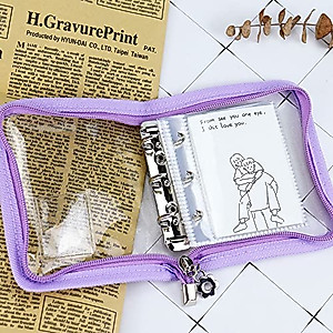 MultiBey Transparent Mini Binder 3 Ring, Glitter PVC Zipper Binder 3.7'' x 5.2'' for Cards Photos with 20 Card Slots (Purple)