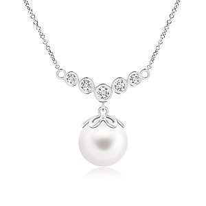 Angara Freshwater Pearl Necklace with Graduated Diamonds in Silver (8mm) - June Birthstone
