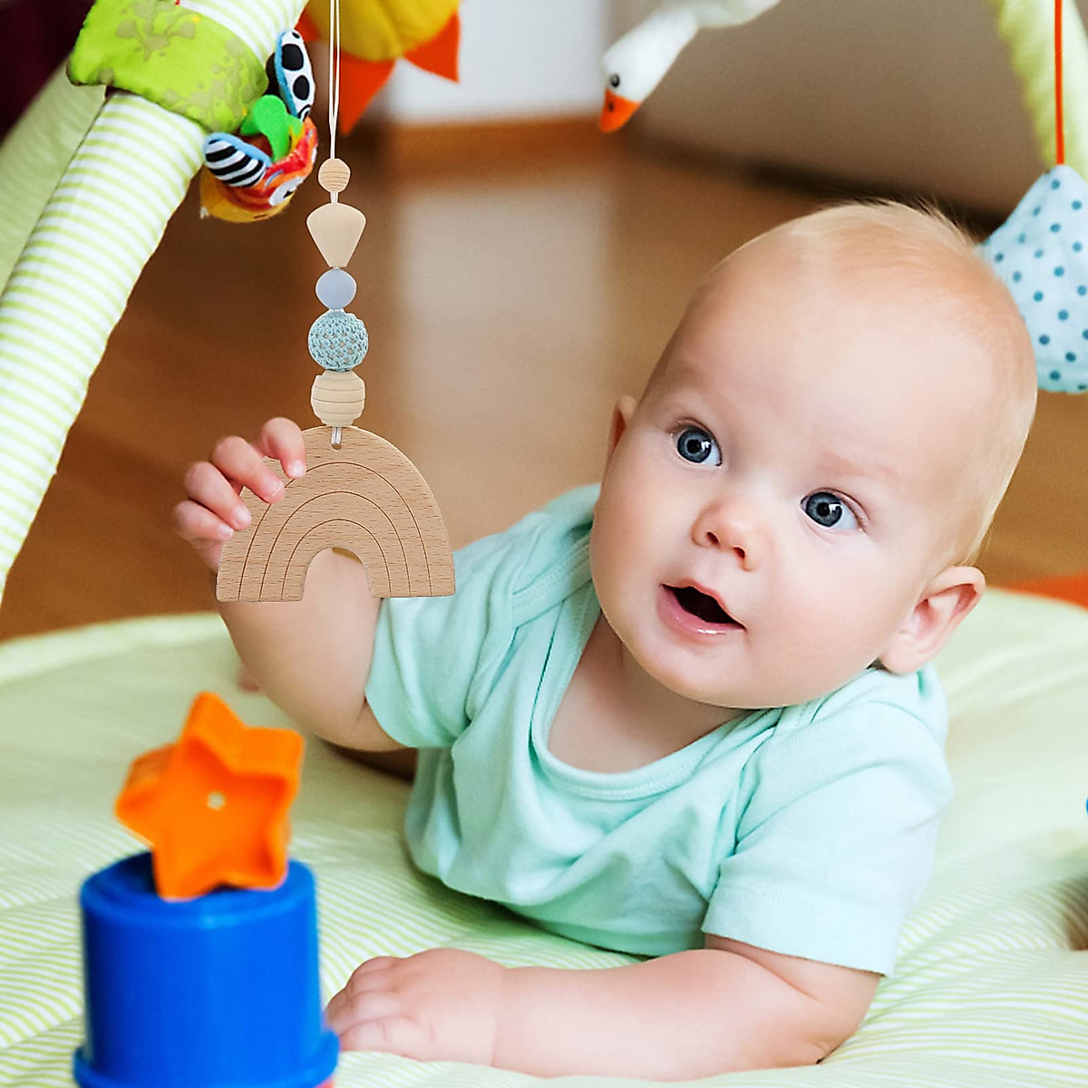 Toddmomy Teething Rings 4Pcs Baby Gym Wood Toys Wooden Hanging Toy Wood Activity Pendant Hanging Toy Dangling Teething Soother Sensory Toys Nursery Decor Montessori Play Gym