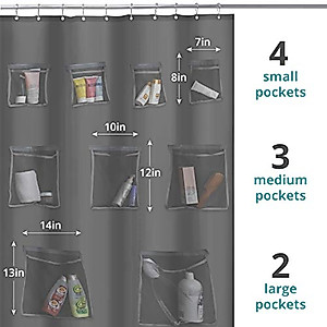 MAYTEX Mesh Pockets PEVA Shower Curtain and Bath Organizer with 9 Storage Pockets, Grey, 70 x 72 Inches