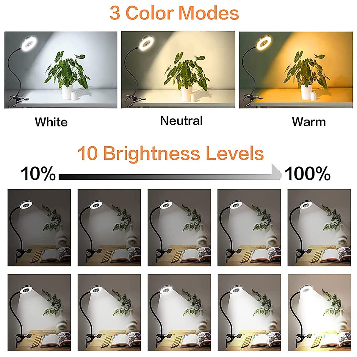 Brokimis Clip on Light LED Reading Book Study Lamp 3 Color Modes 10 Brightness Eye Protection 360° Flexible Gooseneck Student Dormitory Office Desk Lamp at Night in Bed