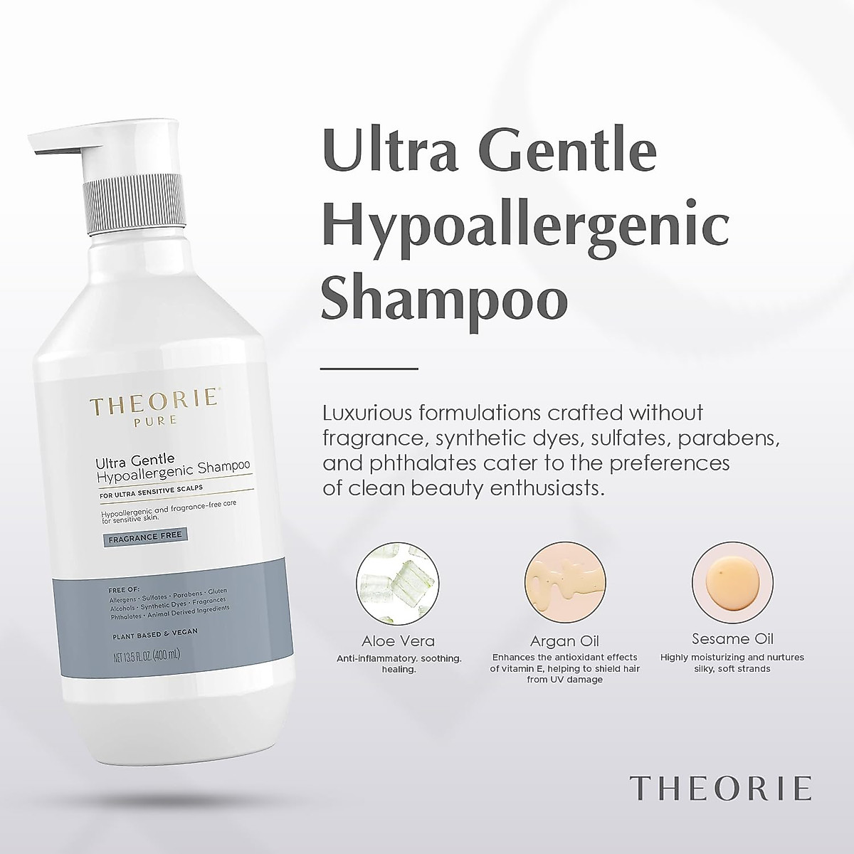 Theorie Pure Ultra Gentle Hypoallergenic Shampoo - Plant-Based & Vegan - Conditions & Soothes Itchy & Allergy Prone Skin - Fragrance-Free - Suited for Sensitive Scalp, Pump Bottle 400mL