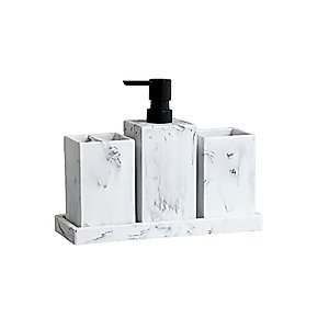 ZHANWANGJIAJU Bathroom Accessory Set Complete Vanity Top Decoration Set Marble Pattern Lotion Dispensing Soap Dispenser, Toothbrush Holder, Soap Pump, Tray (White)