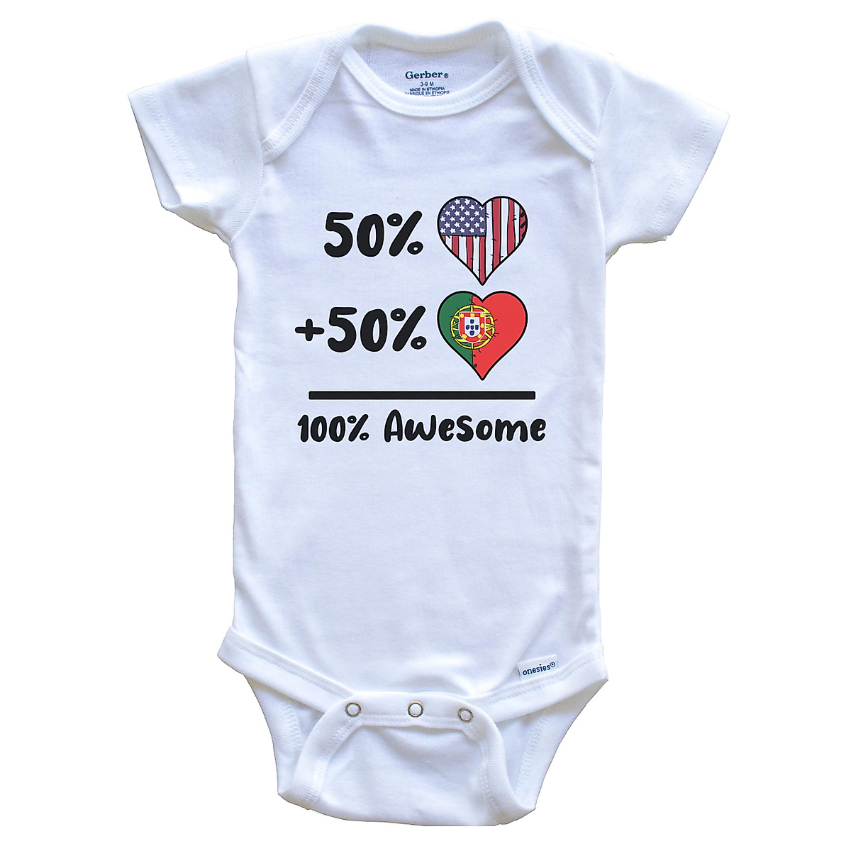 50% American 50% Portuguese 100% Awesome Portugal Heart Flag One Piece Baby Bodysuit, 6-9 Months White
