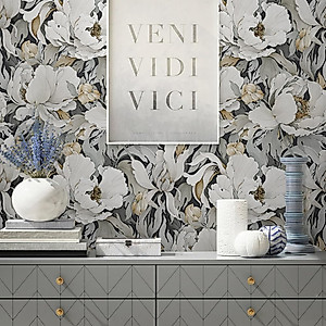 MuralPeel White Poppies Floral Modern Grey Peonies Flowers Peel and Stick Wallpaper Self Adhesive Removable Easy Peel Off Stick on Wall Paper for Bedroom Renter