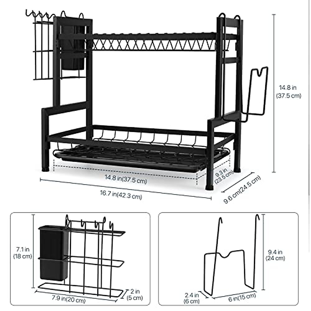 Flexzion 2 Tier Dish Drying Rack Drainboard Set, Kitchen Drying Rack Dish Drainer with Utensil Holder, Cup Hanger, Tray Plate Rack for Kitchen Countertop, Organizer, Storage Accessories, Black