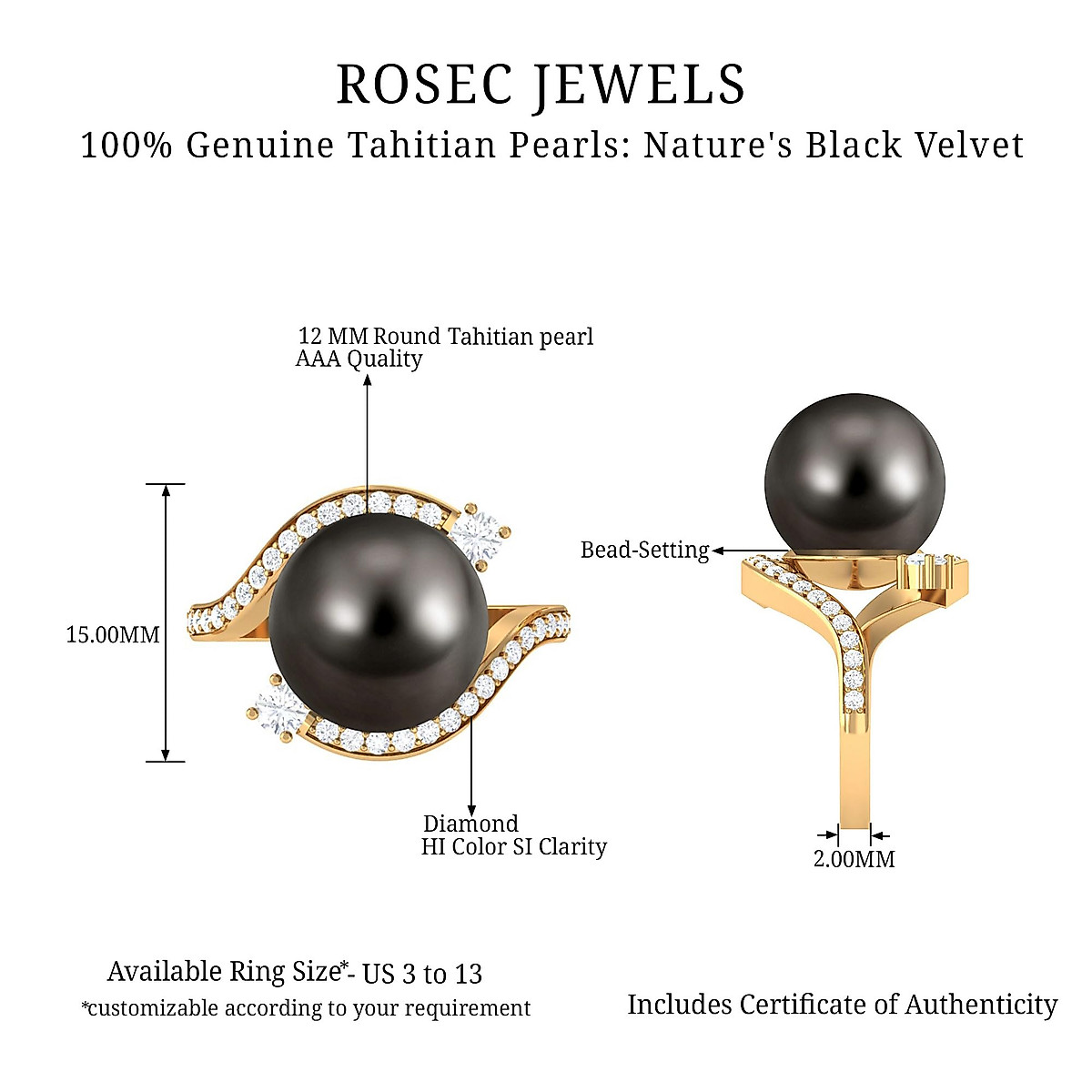 Rosec Jewels June Birthstone - 13 CT Statement Solitaire Ring with Tahitian Pearl and Diamond (AAA Quality), 14K Yellow Gold, Size:US 8.00