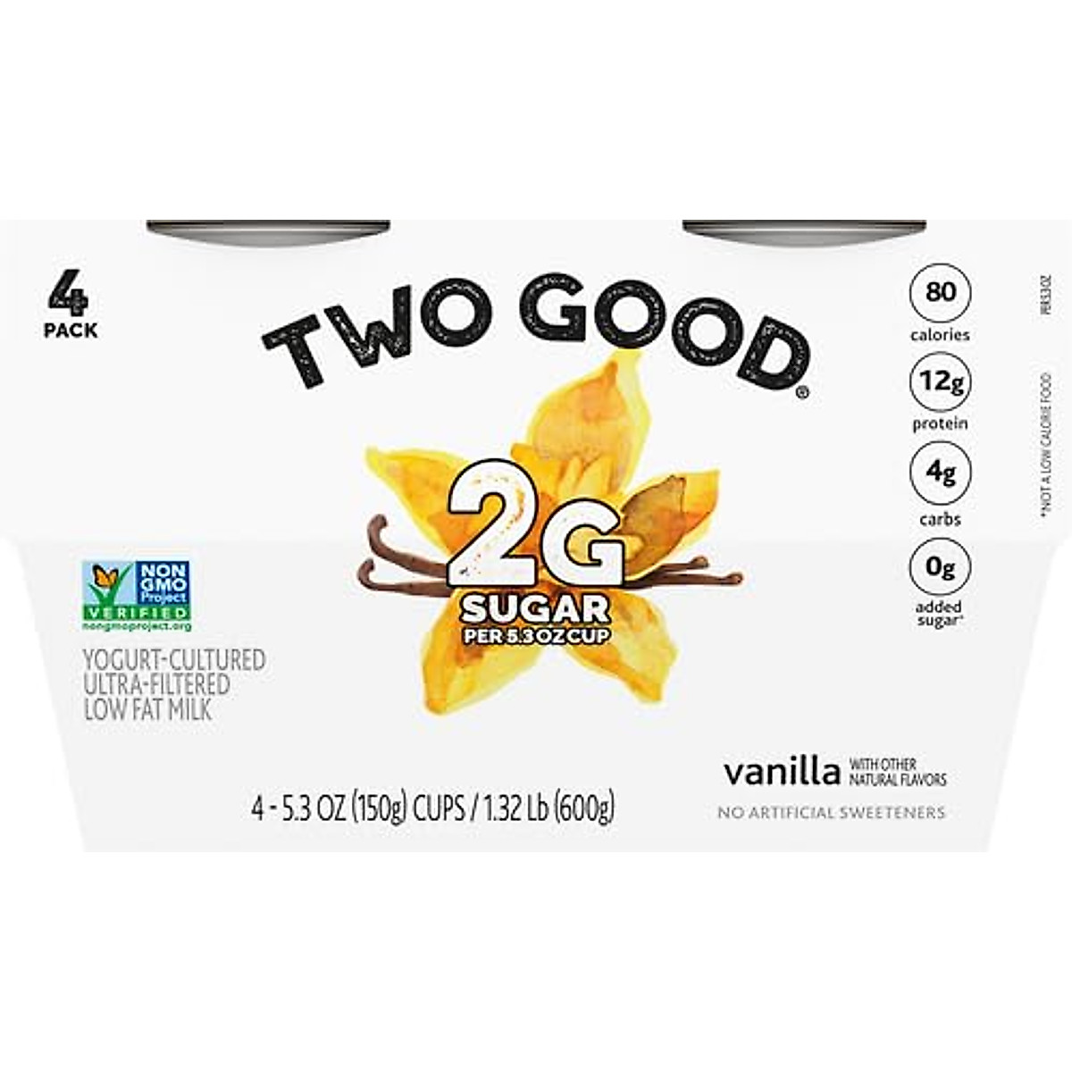 Two Good Low Fat Greek Yogurt, Vanilla, Lower Sugar, Gluten Free, With 2g of Sugar, 5.3 oz., 4 Pack