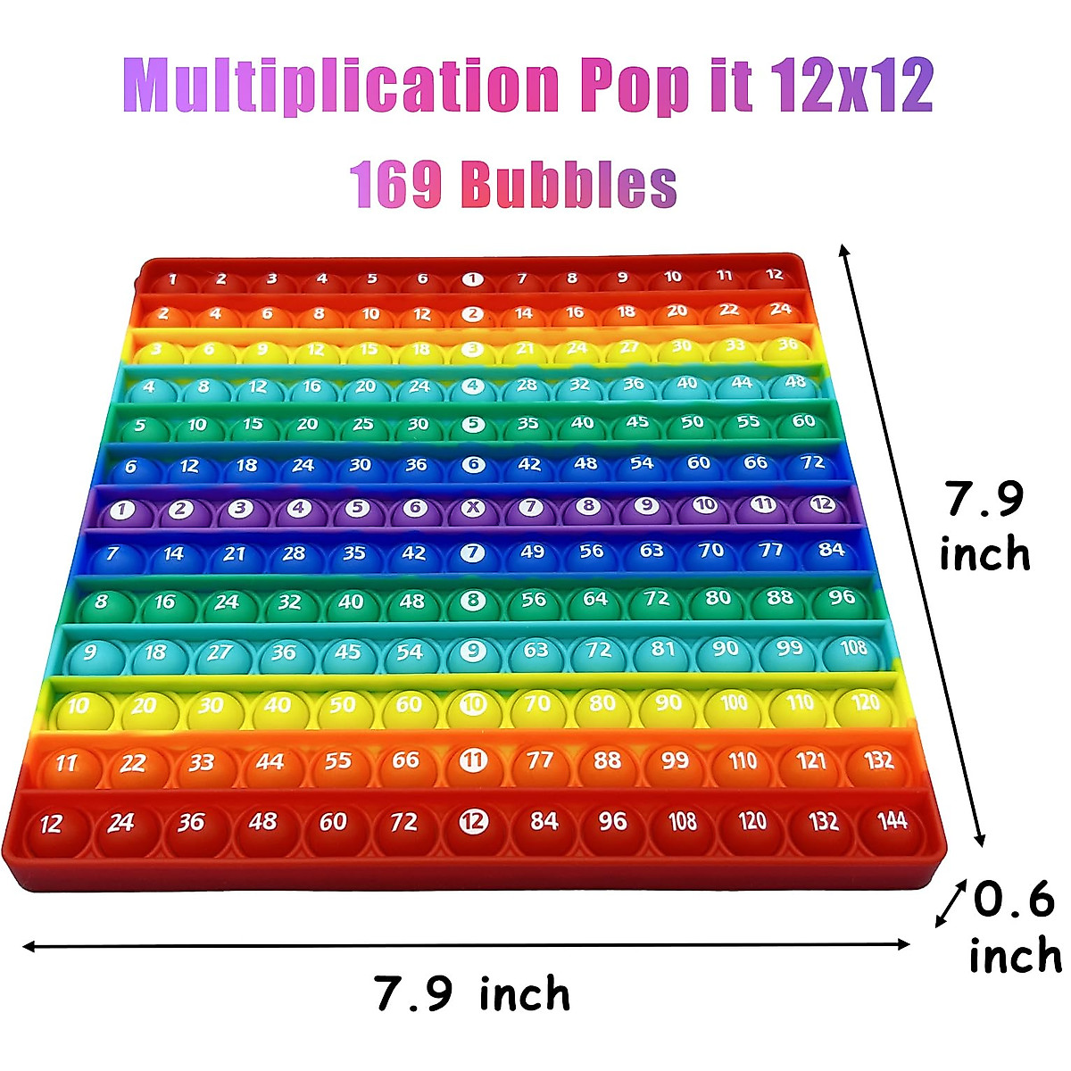 Multiplication 12x12, Addition 1-12, Math Fidget Popper, Learn Multiplication, Addition with Pop Fidget Toy, Learning Tools for Students and Children, Bubble Sensory Rainbow (Rainbow-Horizontal)