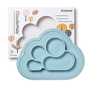 RAiN.B. CloudieMate Silicone Suction Plate with Built-in Placemat for Babies & Toddlers, Microwave Dishwasher Safe, Non-Slip Divided Plate with 4 Sections, BPA Free Food Grade Silicone /Glacier Blue