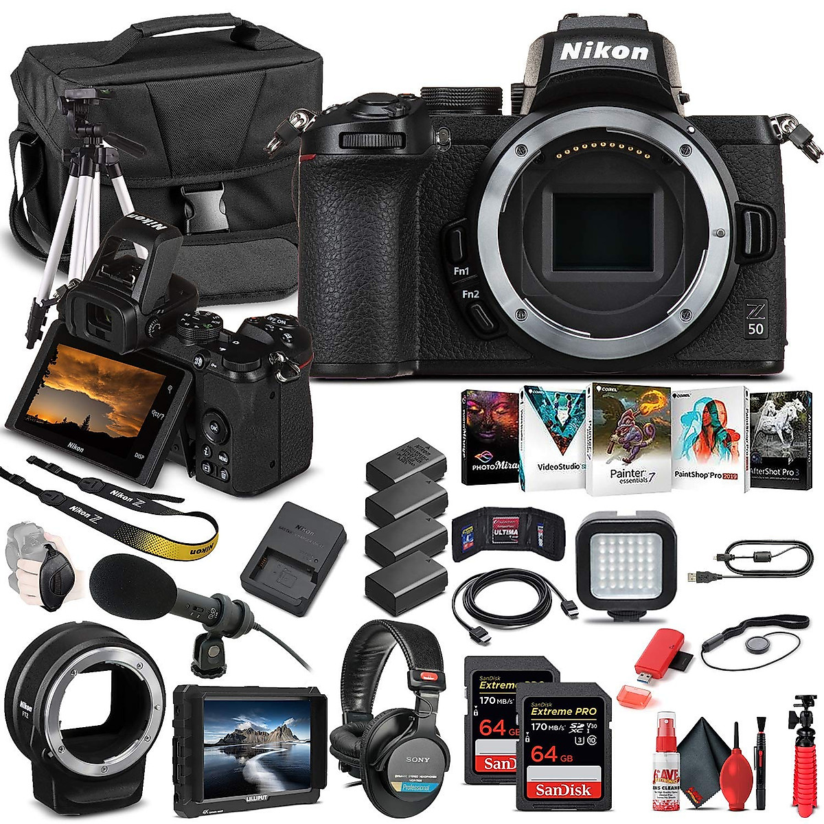 Nikon Z 50 Mirrorless Camera (Body Only) (1634) + 4K Monitor + FTZ Mount Adapter + Headphones + Mic + 3 x ENEL25 Battery + 2 x 64GB Cards + Case + Corel Software + More (International Model) (Renewed)