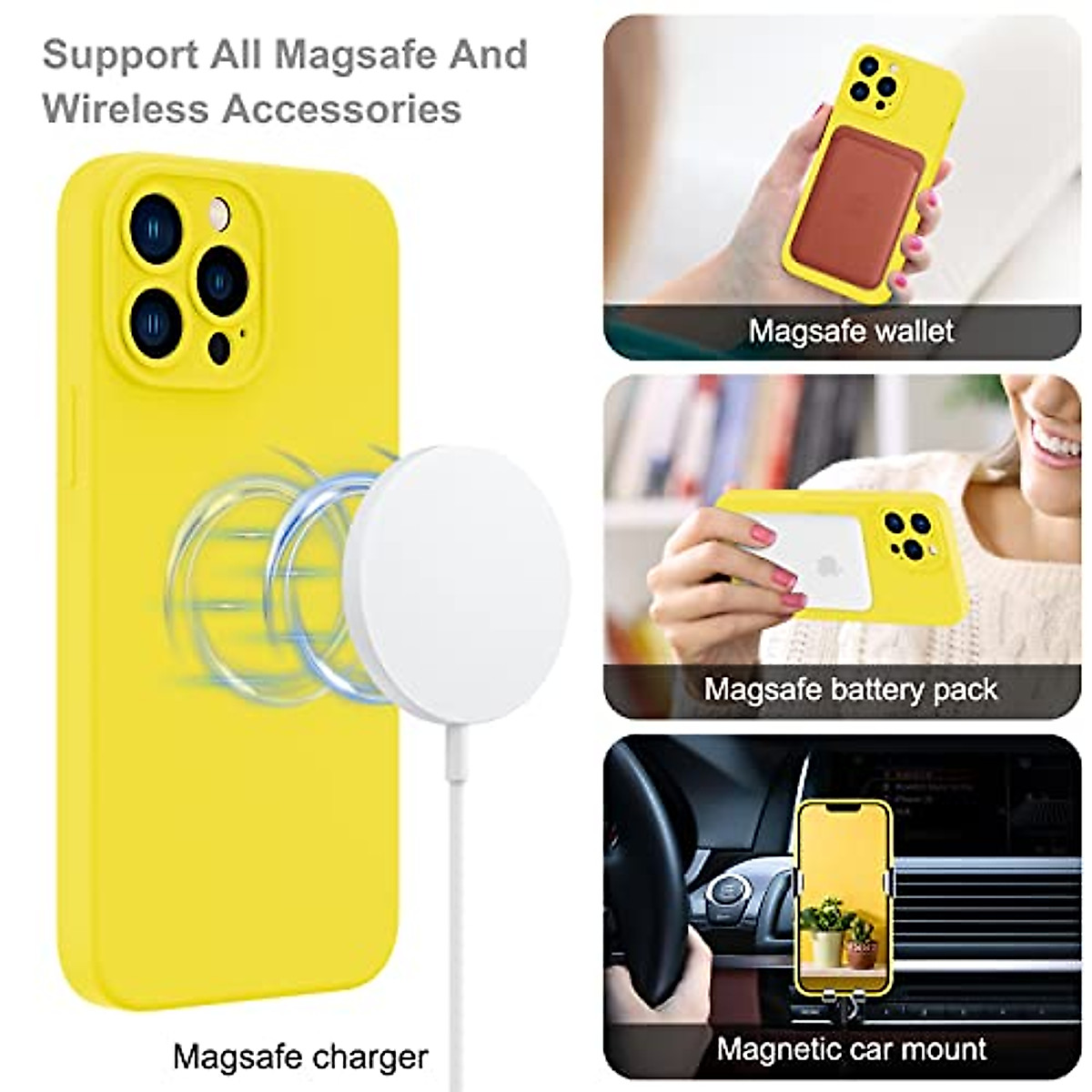 MCFANCE Silicone Magnetic for iPhone 13 Pro Max Case, Compatible with MagSafe, Full Camera Protection Shockproof Cover Soft Anti-Scratch Microfiber Lining for iPhone 13 Pro Max 6.7 inch 2021, Yellow