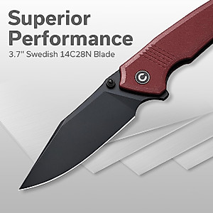 CIVIVI Tranquil Folding Pocket Knife for EDC, 3.7'' Swedish 14C28N Blade, Ergonomic Grip, Solid Liner Lock, Reversible Pocket Clip C23027-2（Burgundy）