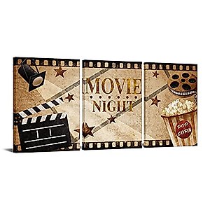 HOMEOART Home Movie Theater Room Decor Home Theater Painting Movie Night Decor Sign Vintage Brown Stretched Framed Ready to Hang 12"x16"x3 Pieces